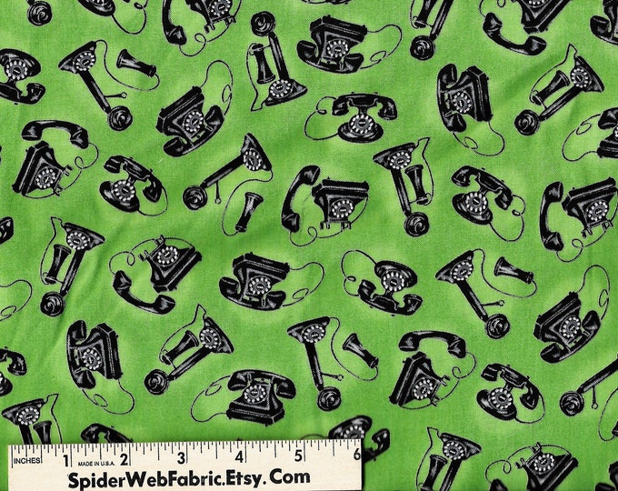 CALL ME - Old Fashioned TELEPHONES Fabric - Phones on Green - by ...