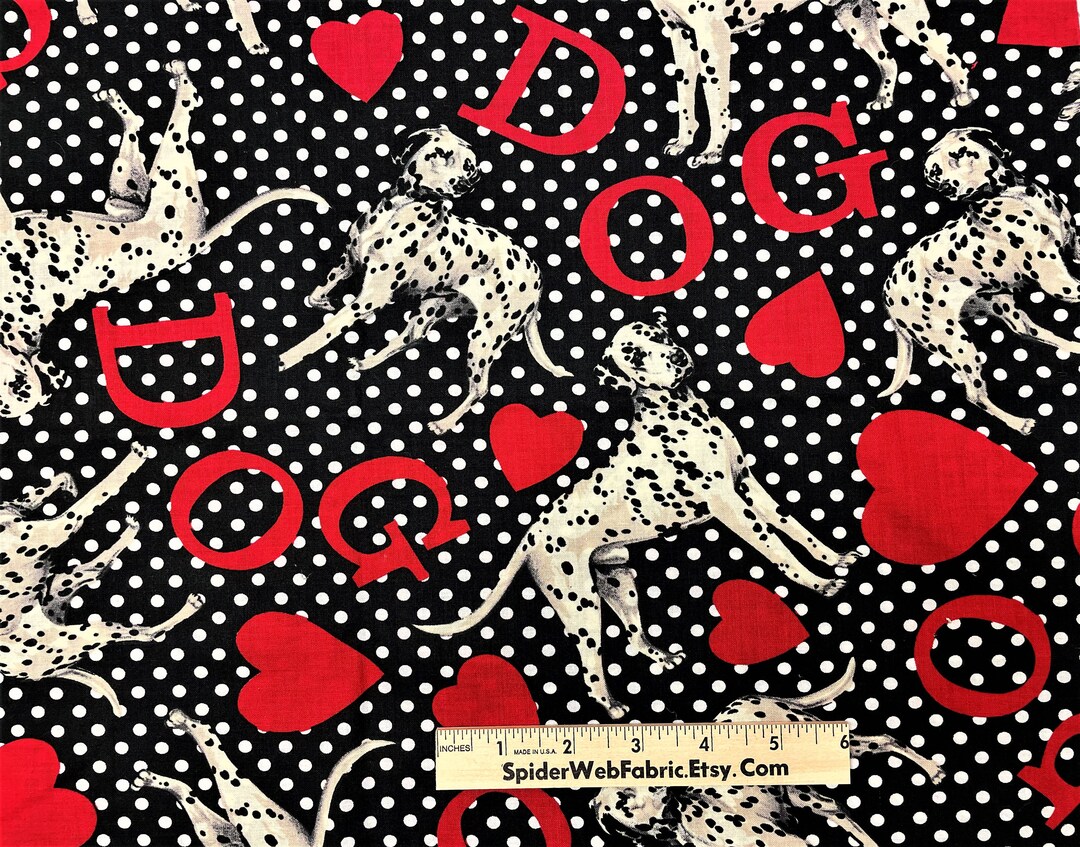 Vintage DALMATIAN LOVE Dog Fabric Dalmatians Tossed on Black Polka Dots ...