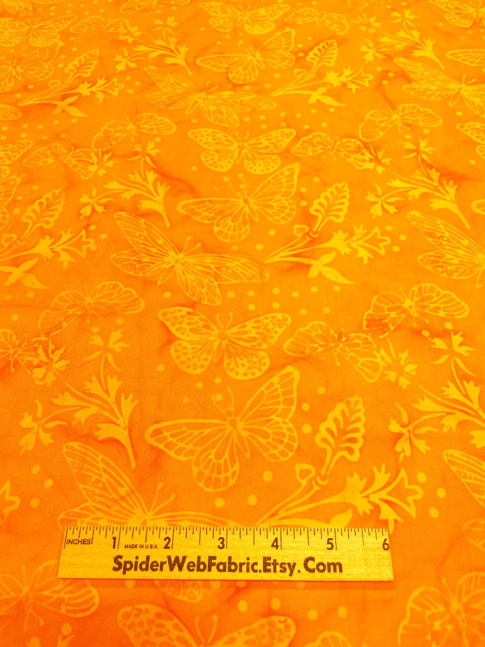 BUTTERFLY GARDEN BATIK Fabric Warm Orange Gold W/ Butterflies Flowers ...