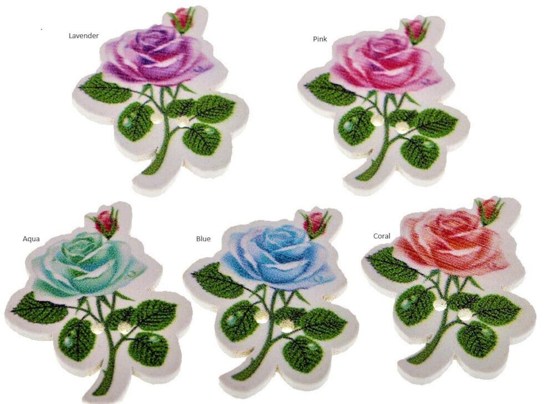 WOODEN ROSES Shaped Buttons Rose W/ Leaves & Stems Embellishments Red ...