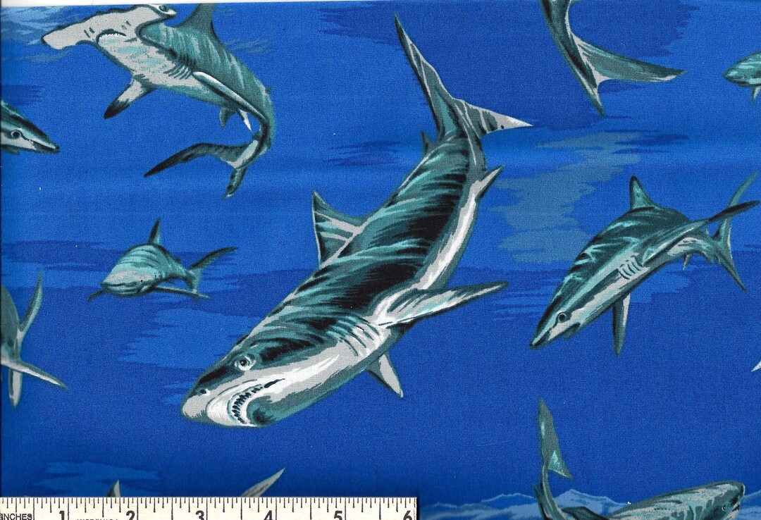 Swimming Sharks Fabric: Hoffman Royal Blue Ocean 100% Cotton Quilt Shop ...