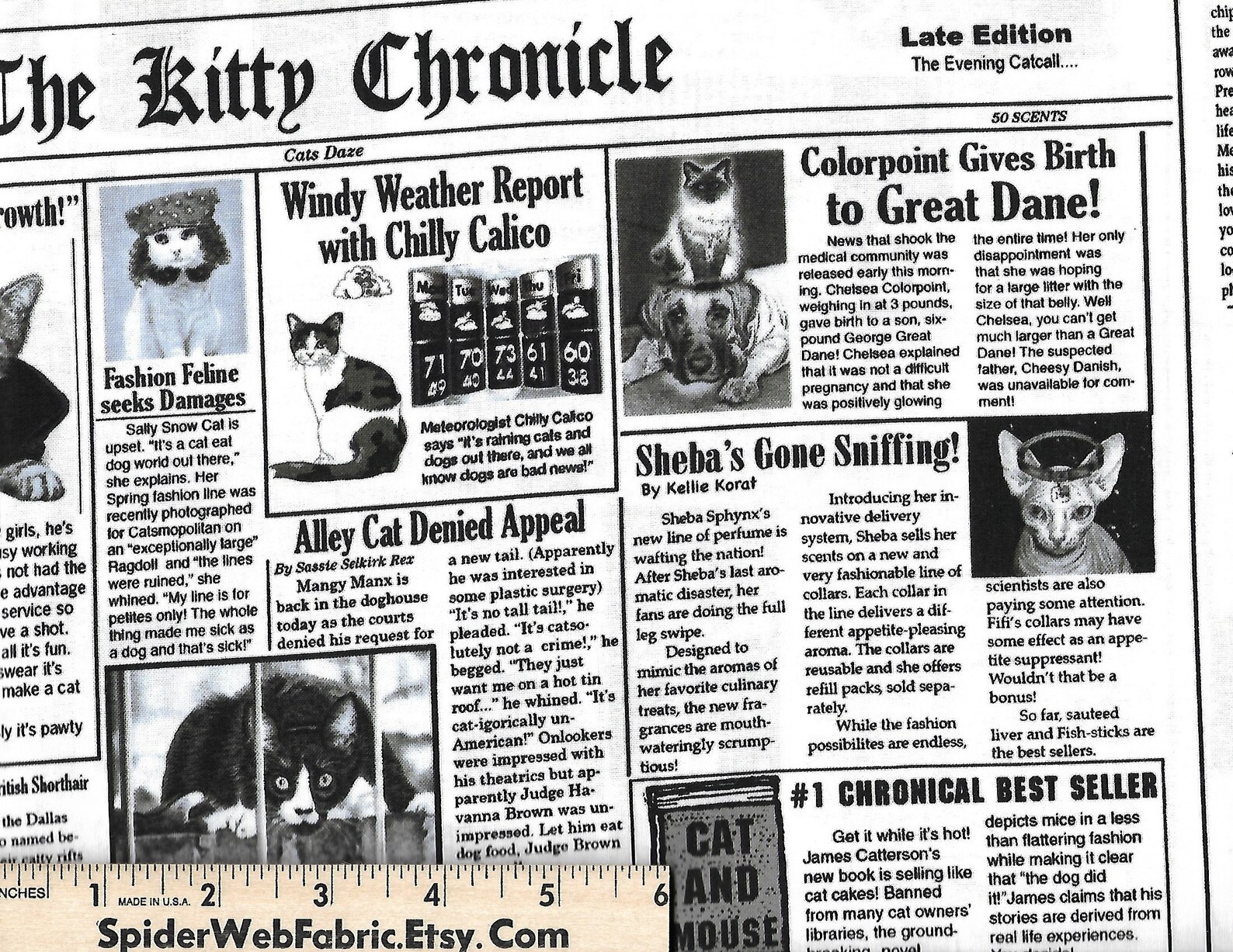 CATS NEWSPAPER Fabric Kitty Chronicle Black & White Cat | Etsy