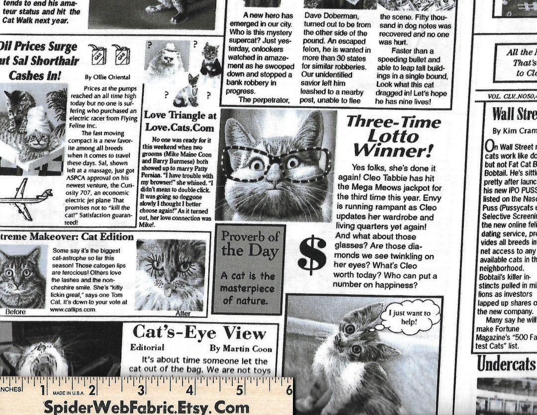 CATS NEWSPAPER Fabric - Kitty Chronicle - Black & White Cat News ...