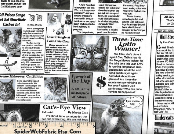 CATS NEWSPAPER Fabric Kitty Chronicle Black & White Cat | Etsy