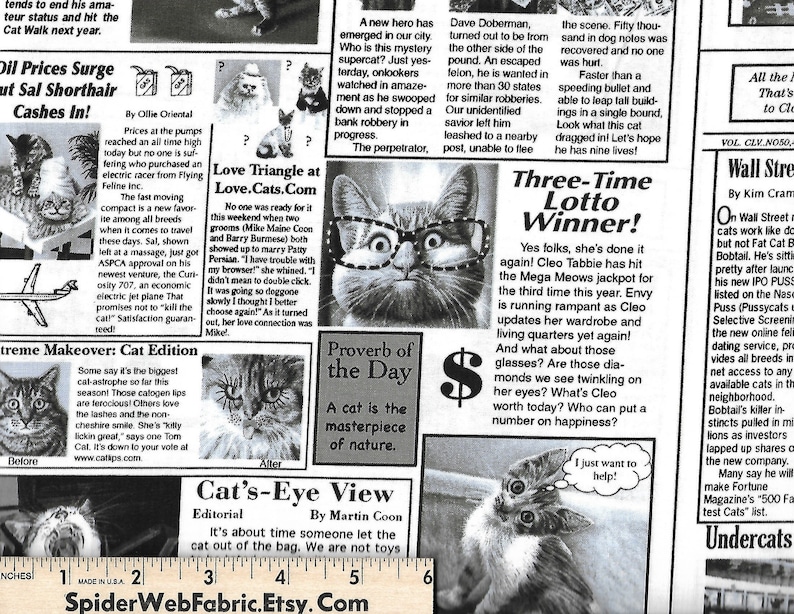 CATS NEWSPAPER Fabric Kitty Chronicle Black & White Cat | Etsy