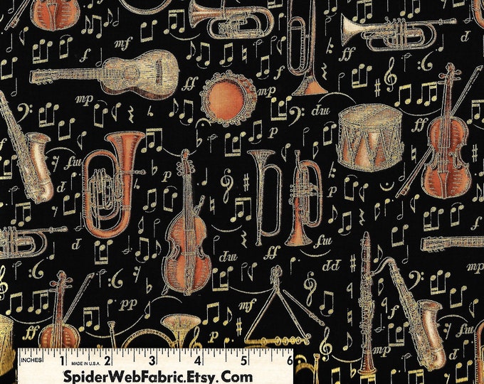 THE ORCHESTRA Fabric Musical Instruments & Music Notes Gold Metallic on ...
