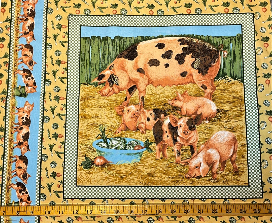 PIG PANEL Fabric - Mama Pig and Baby Pigs on the Farm - Vegetables ...