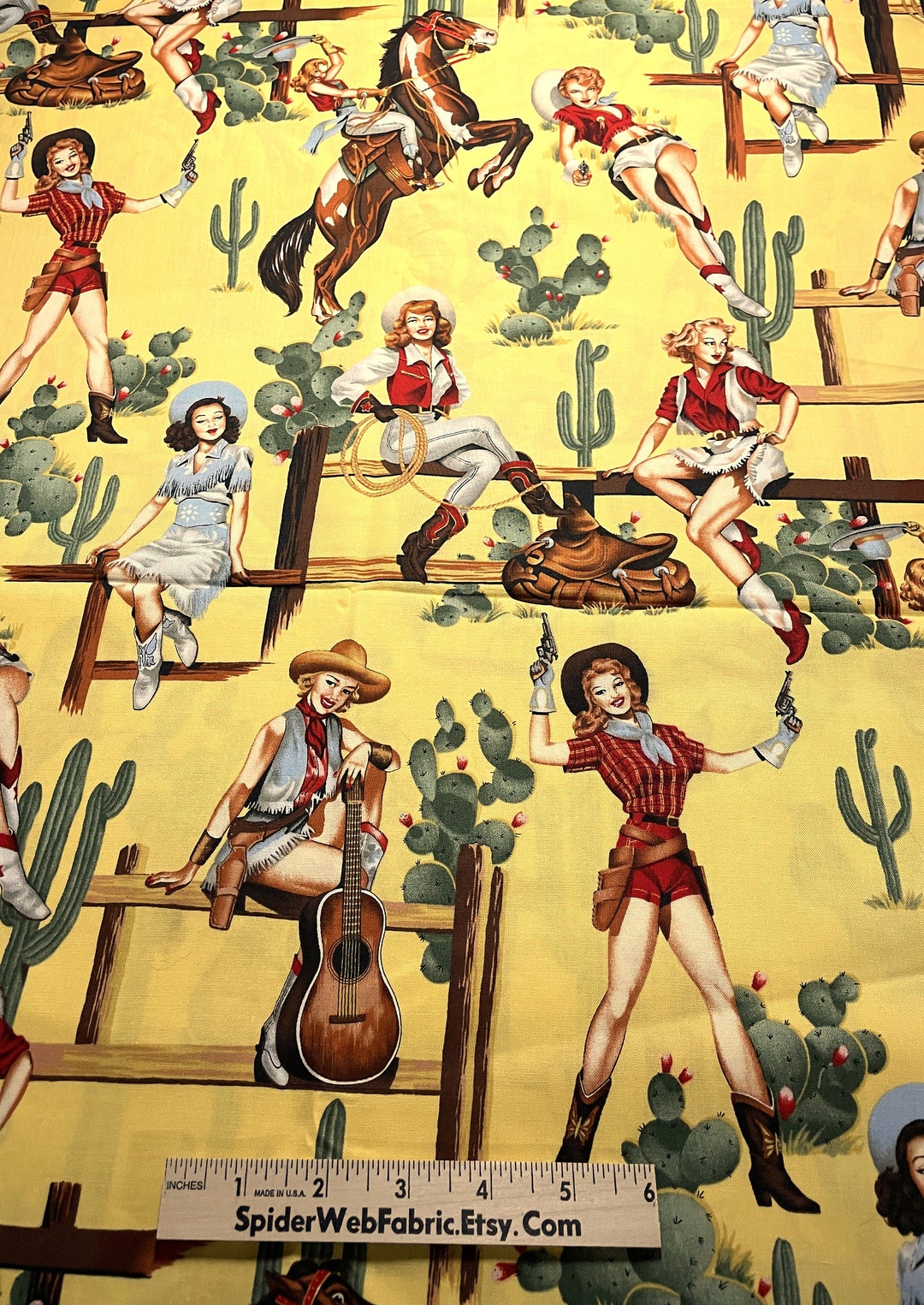 Rare WESTERN PINUP GIRLS Fabric From the Hip Mfg 2000 Wild West Pin up ...