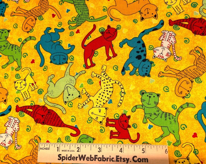 KOOL CATS Fabric - Cartoon Cats on a Deep Yellow Golden Bkgrd Kittens ...