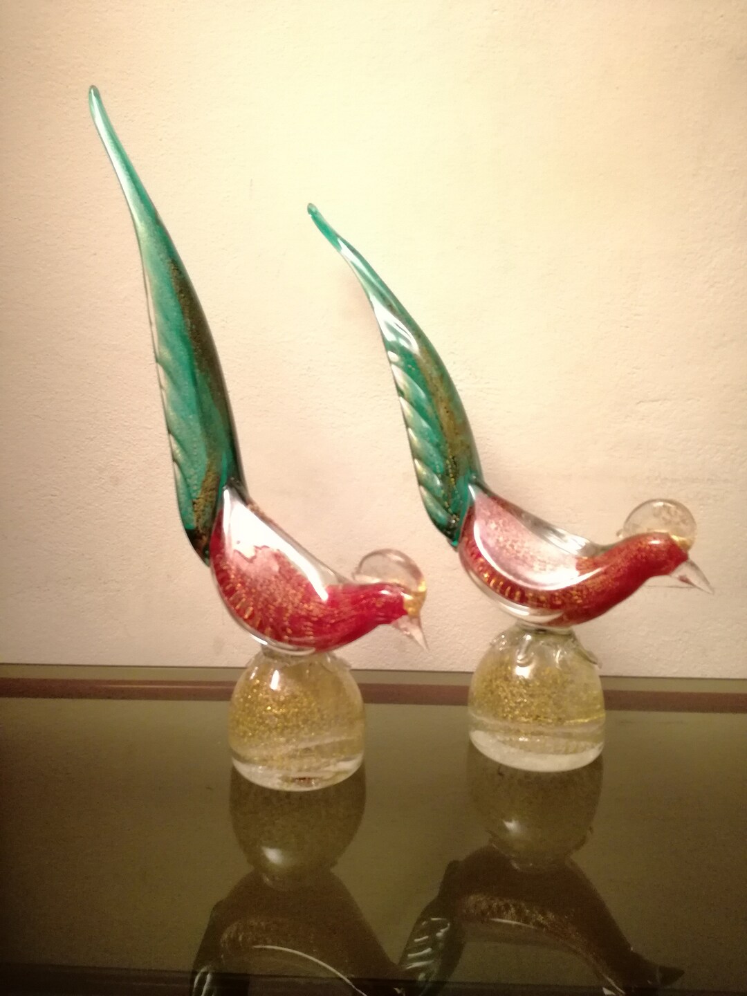 Murano Bird Figure Figurines Pair Glass Submerged Seguso Era Green Red ...
