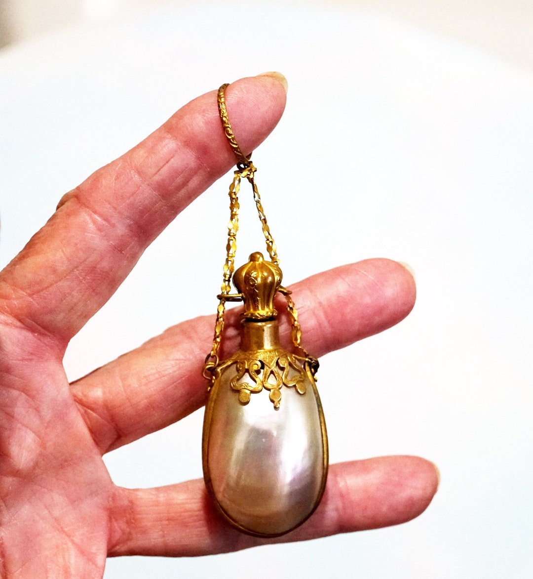 Victorian PERFUME or SMELLING SALTS Mother of Pearl and Gold Chatelaine ...