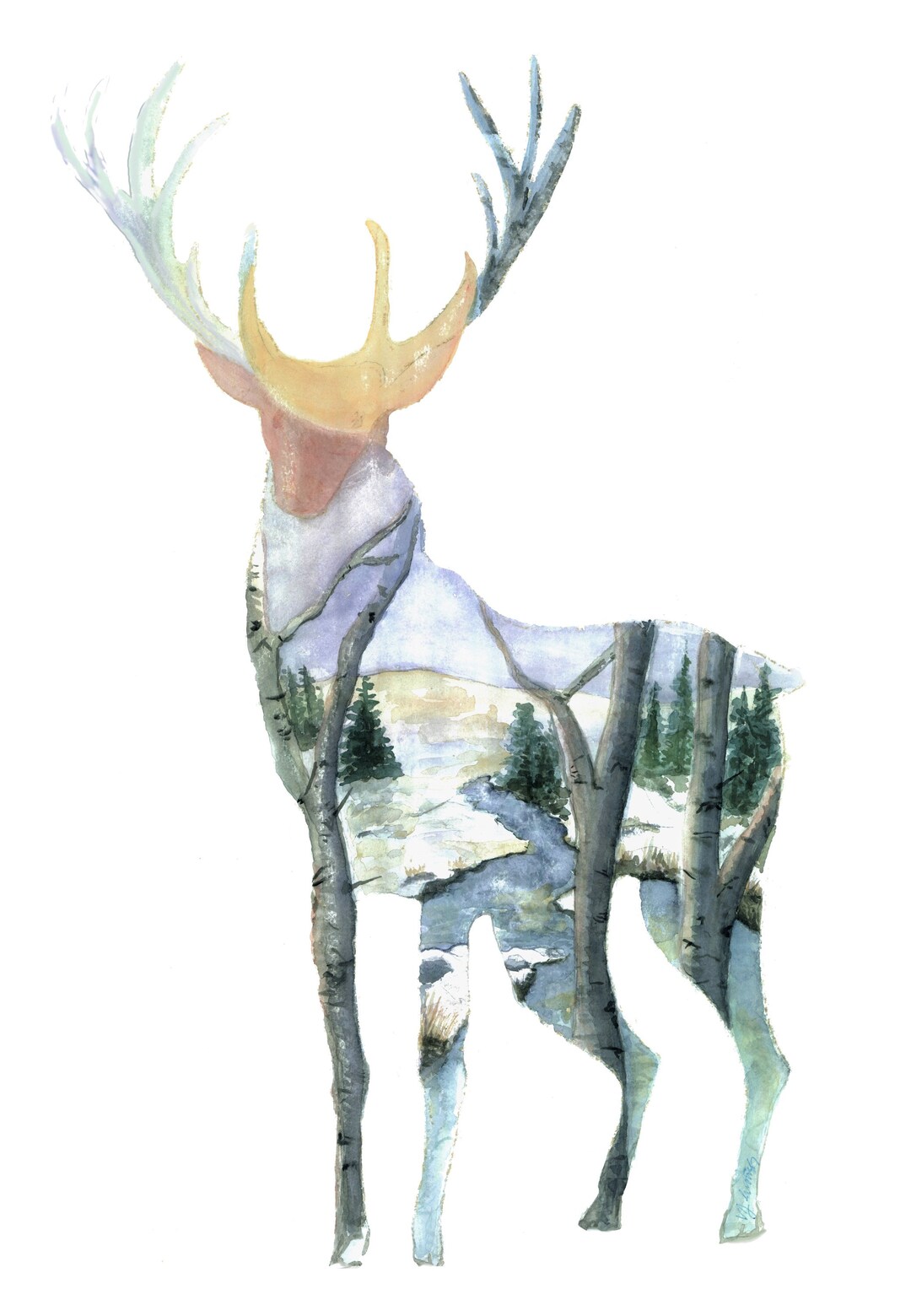 Stag, Animal-scape Original Watercolor Painting Printed on a 5x7 Gift ...