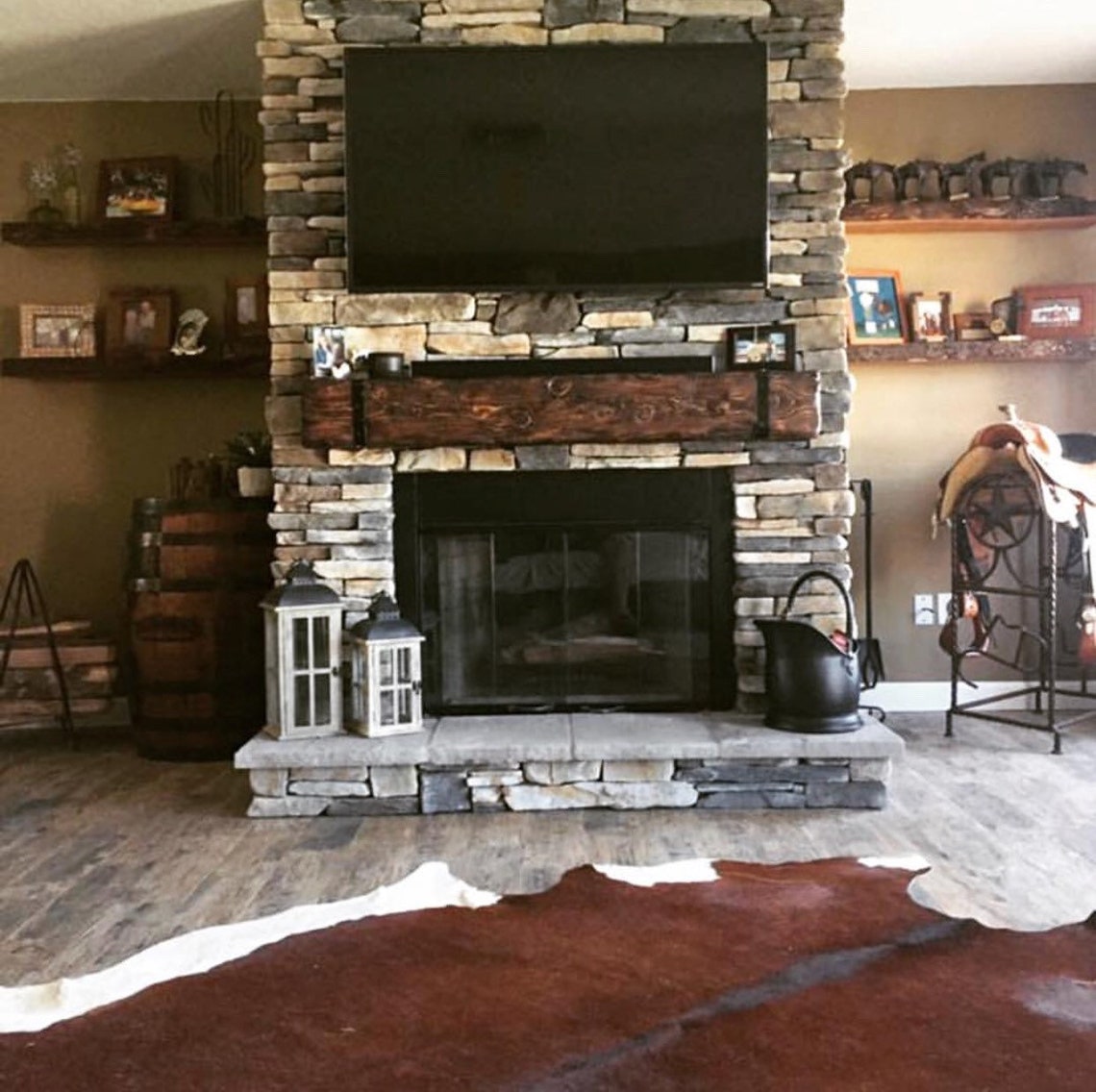 Rustic Fireplace Mantel With Metal Straps & Bolts, Custom Made to Order ...