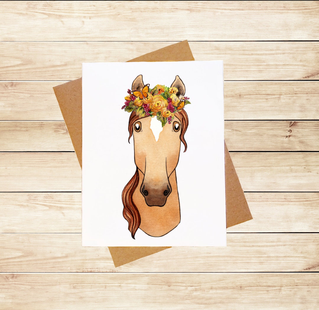 Cute Fall Horse Card, Autumn Pony Card, Watercolor Greeting Card, Gold ...