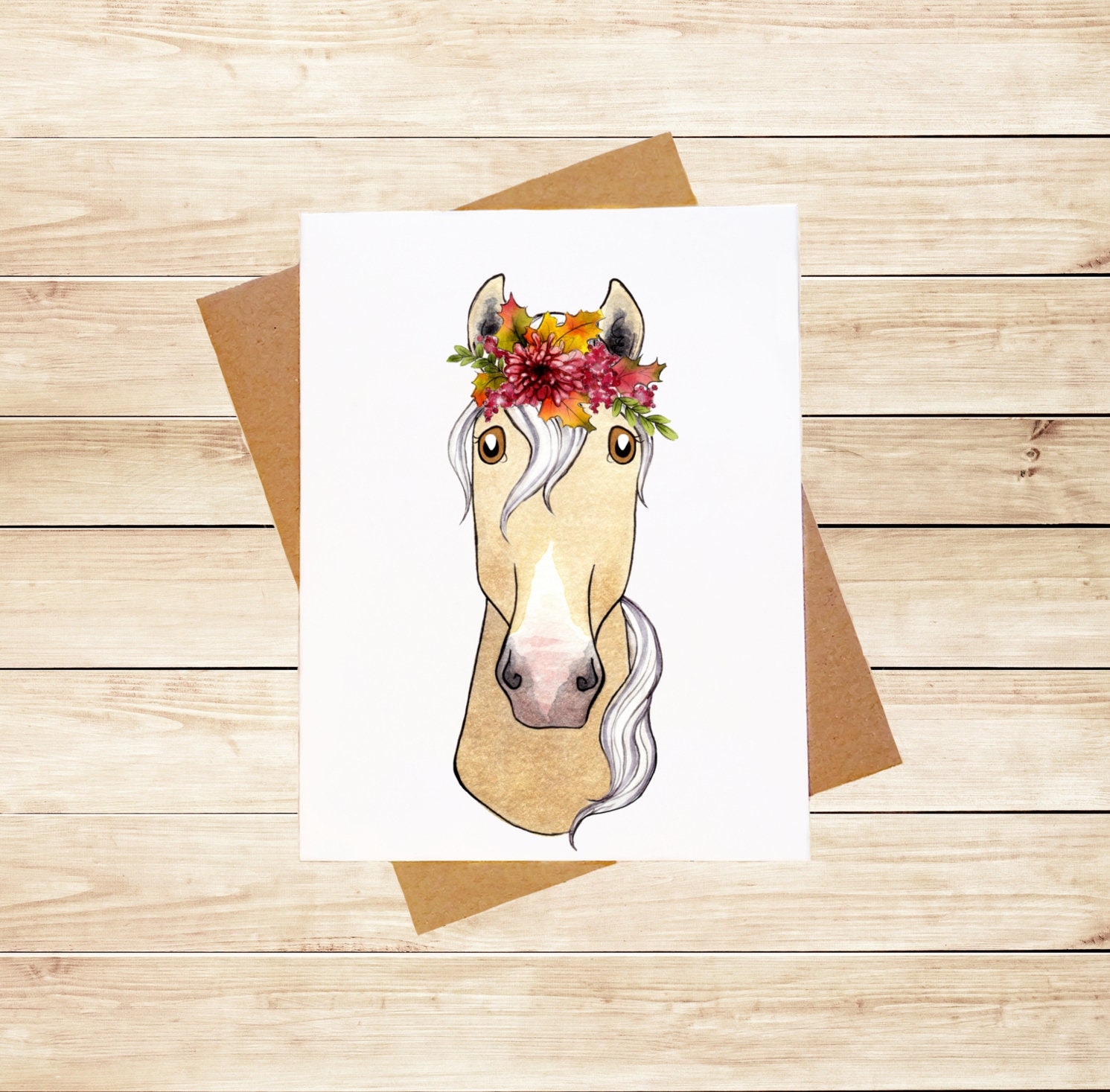 Cute Fall Horse Card, Autumn Pony Card, Watercolor Greeting Card, Gold ...