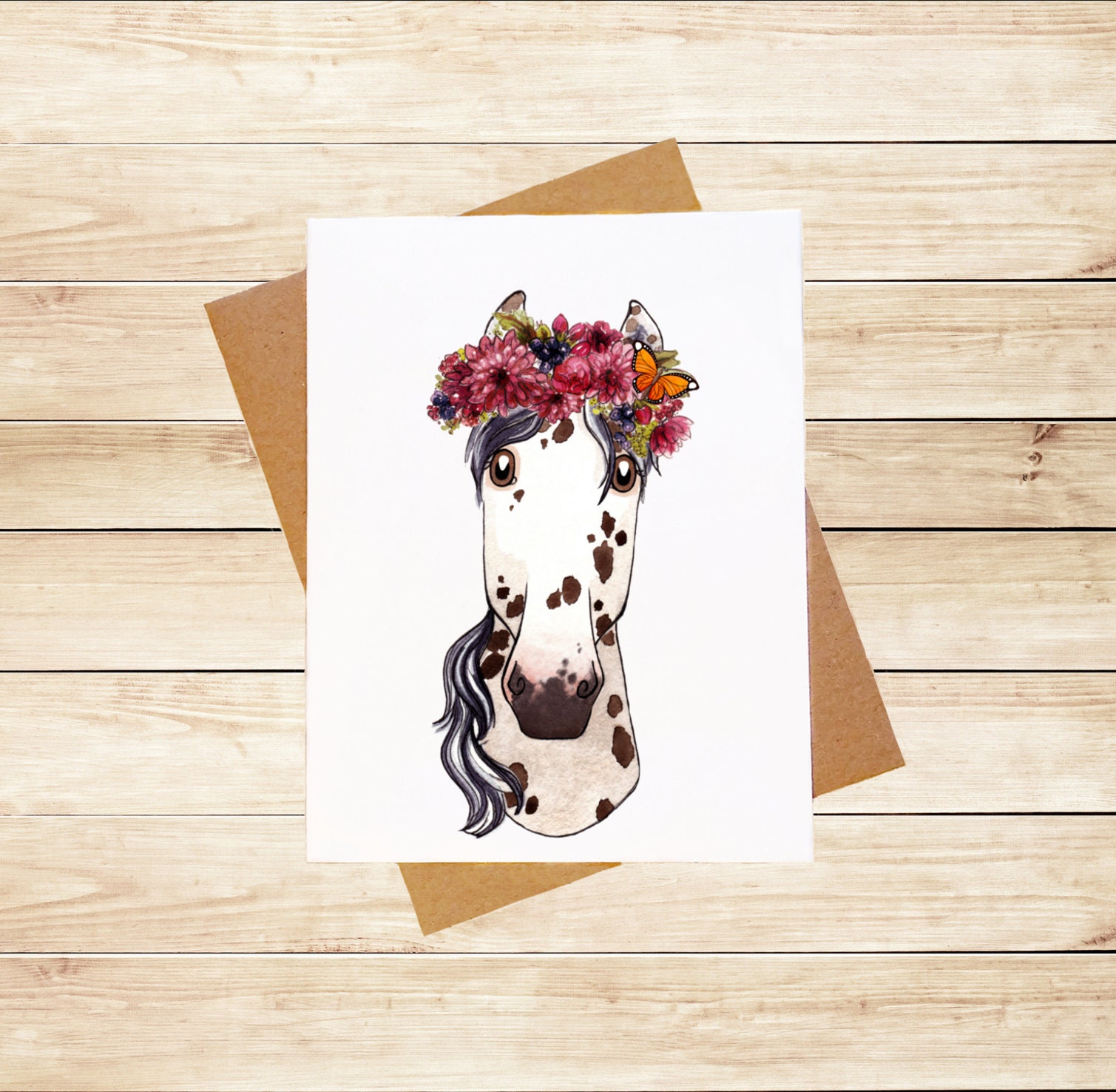 Cute Fall Horse Card, Autumn Pony Card, Watercolor Greeting Card, Gold ...