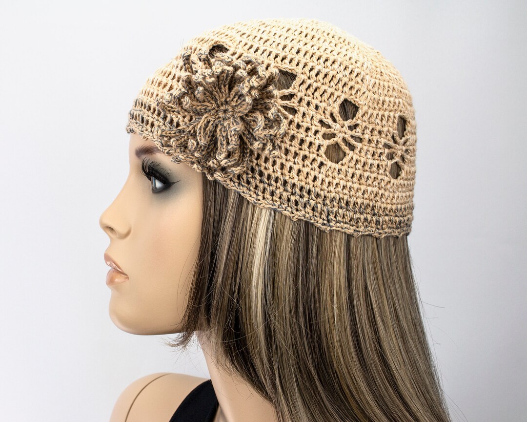 Crochet Cotton Hat Large Size, Crochet Hat With 3D Flower, Lacy Brown ...