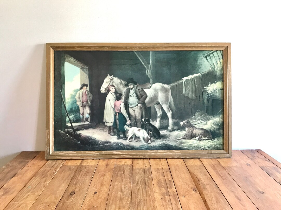 Vintage Horse Stable Print - 1960s Bucolic Scene, Distressed Gold Frame ...