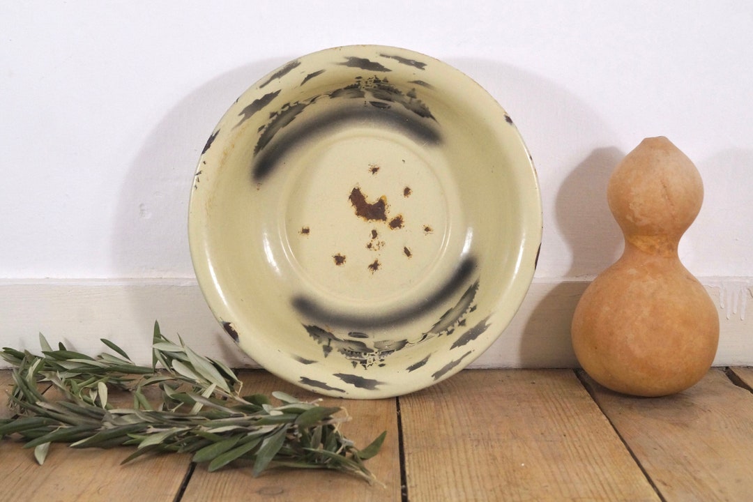 Antique Enamel Basin, 34cm, From 1930 With Japanese Inspired Bucolic ...