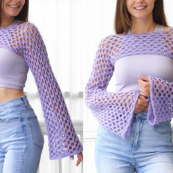 Crochet Cropped Long Sleeve Shrug Pattern I Crochet Mesh Sweater Top Pattern I Multi Stitch ...