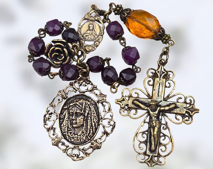 Virgin Mary & Sacred Heart | Heirloom Rosary | Bronze| Amber | Purple ...