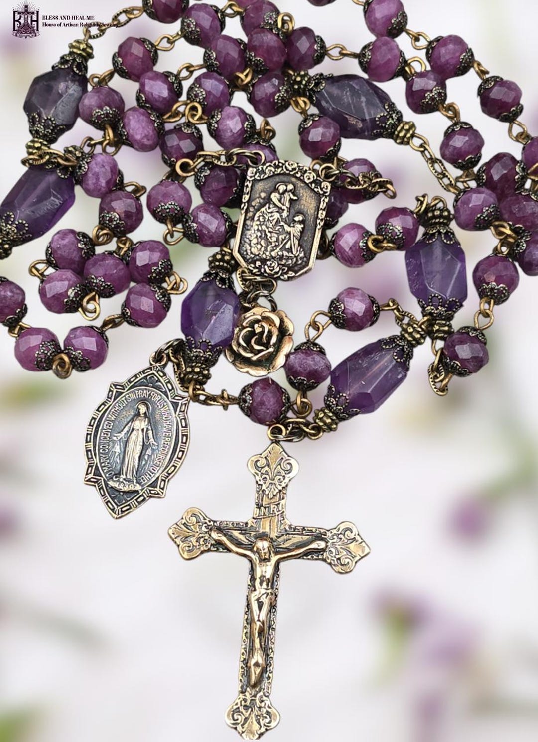 Lady of the Rosary & Miraculous Mary Rosary Bronze Heirloom Puple Jade ...