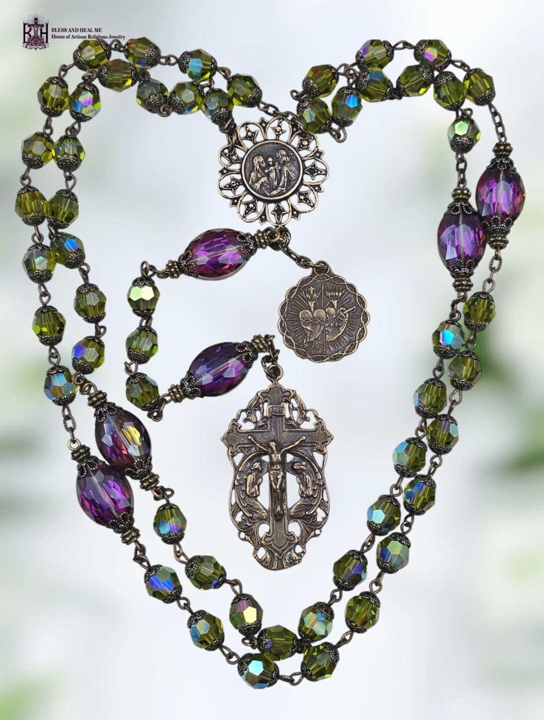 Holy Family, Tween Hearts & Angels Rosary Bronze Olivine Swarovski ...