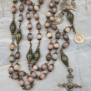 Jesus Mary Tween Hearts Rosary-peach Moonstone&vintage Bronze Prayer ...