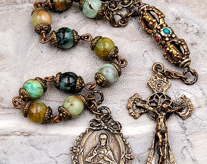 Sacred Heart of Jesus Ave Maria Lourdes Chrysocolla Vintag Bronze ...