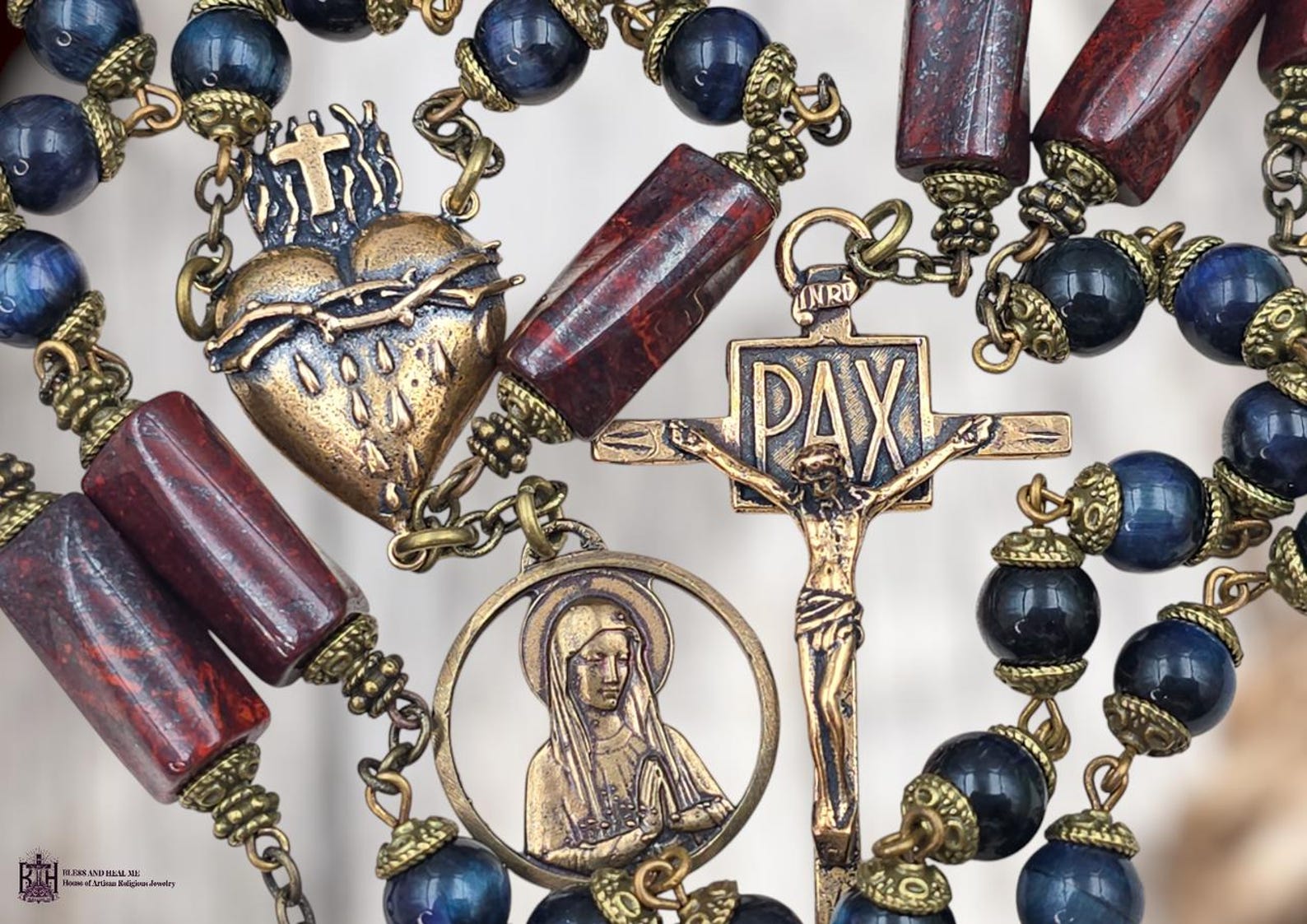 Sacred Bleeding Heart & Virgin Mary Heirloom Rosary - Bronze | Blue ...
