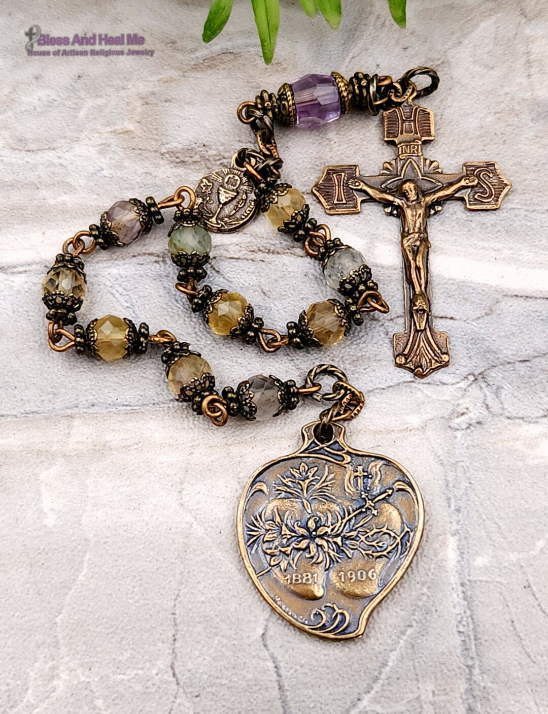 Tween Hears Mary Jesus Fluorite Amethyst Vintage Bronze Ornate Chaplet ...