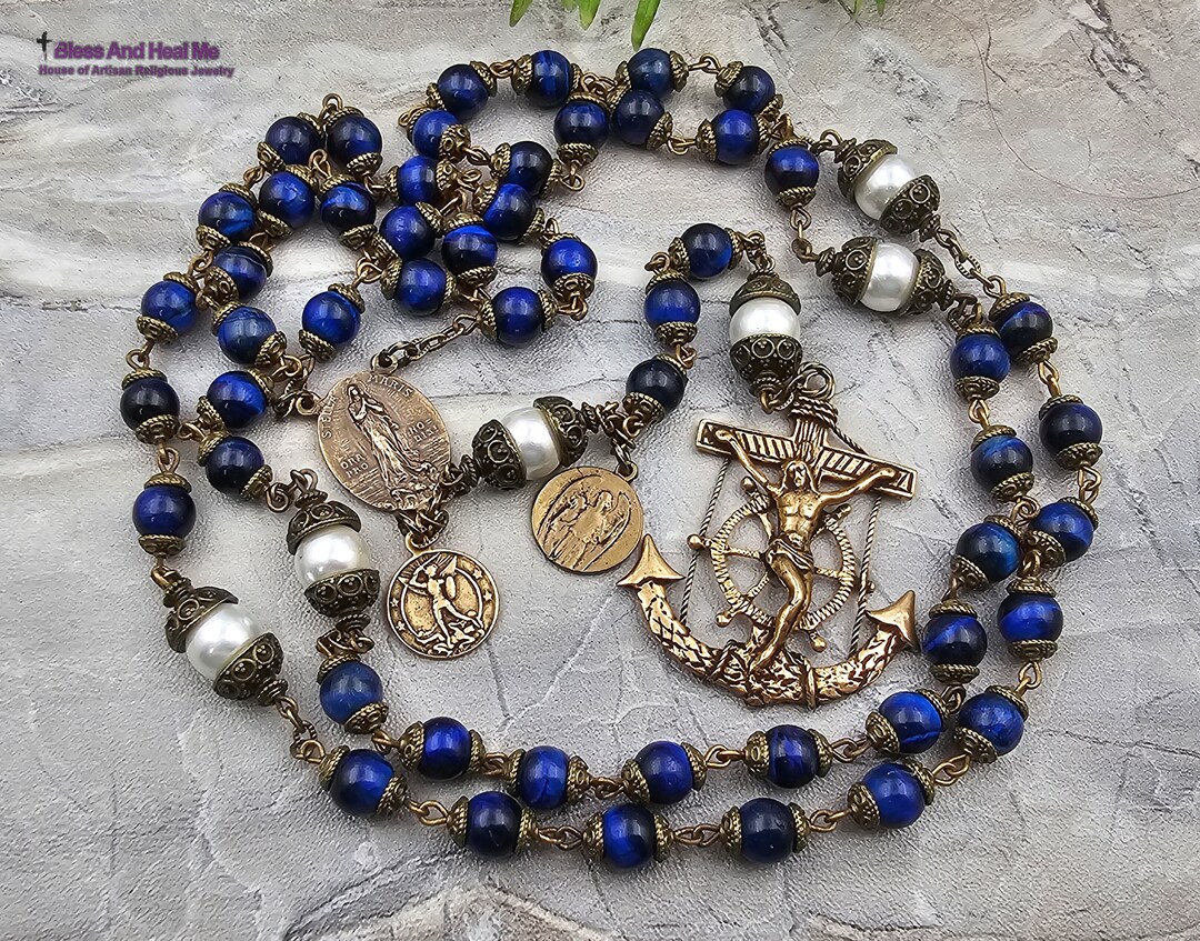 Stella Maris Anchor Crucifix Michael Nautical Blue Tiger Eye Bronze ...