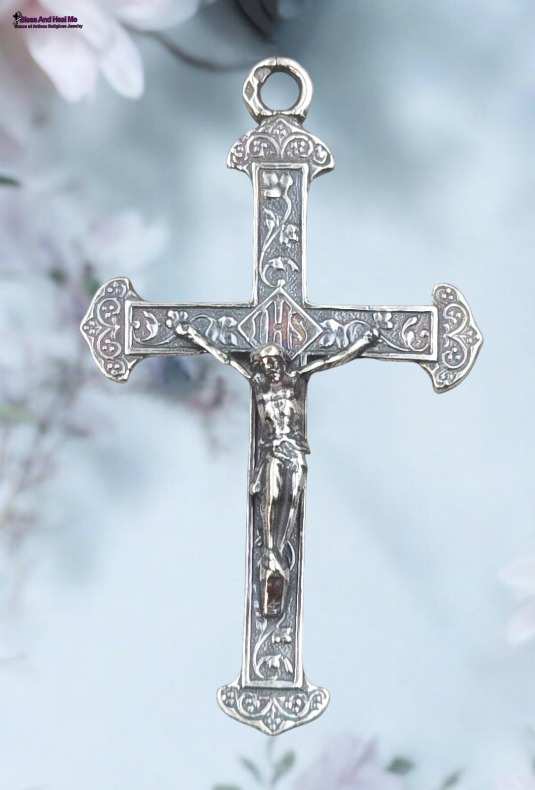 Sterling Silver IHS Ornate Floral Crucifix Pendant Necklace Medium ...