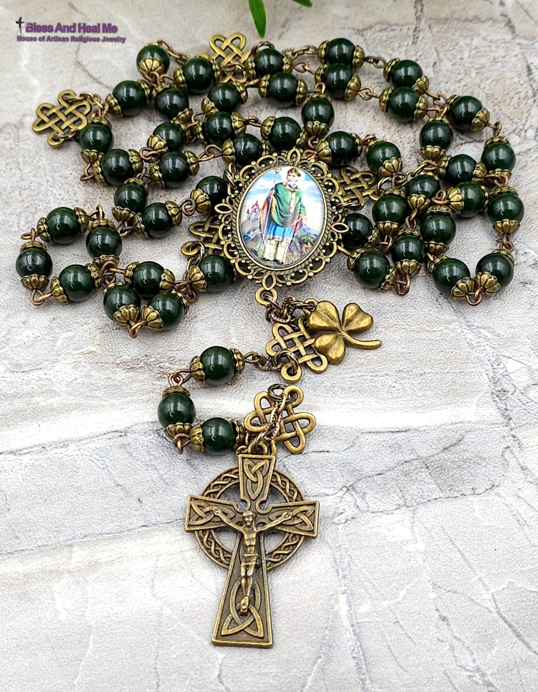St Patrick Shamrock Irish Celtic Green Jade Bronze Tone Rosary ...