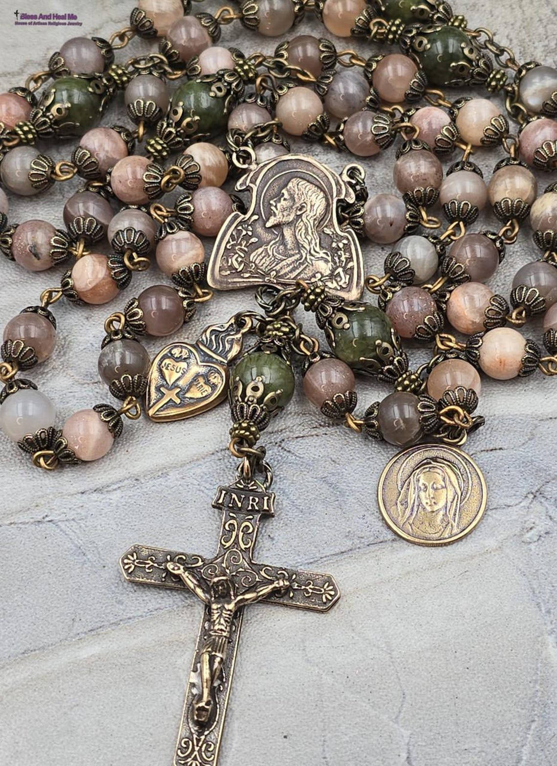 Jesus Mary Tween Hearts Rosary-peach Moonstone&vintage Bronze Prayer ...