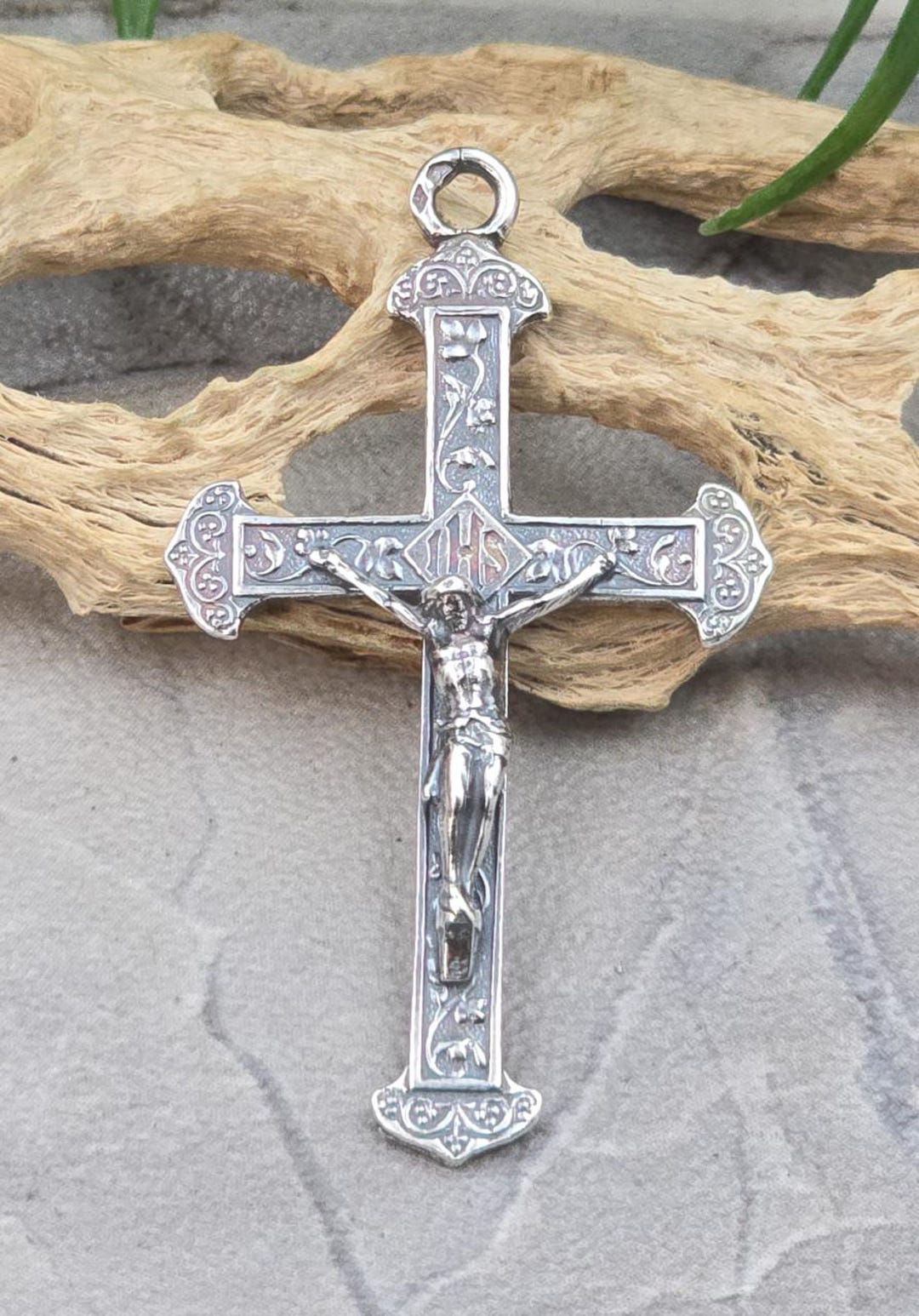Sterling Silver IHS Ornate Floral Crucifix Pendant Necklace Medium ...