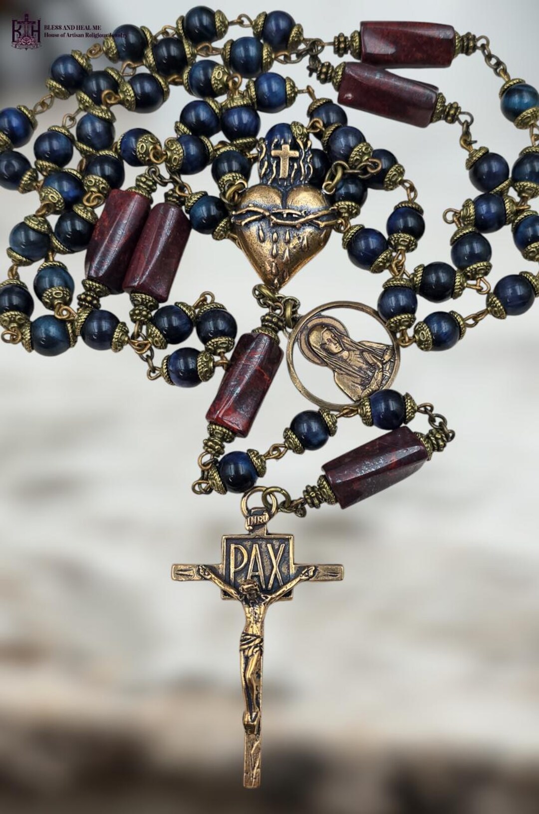 Sacred Bleeding Heart & Virgin Mary Heirloom Rosary - Bronze | Blue ...