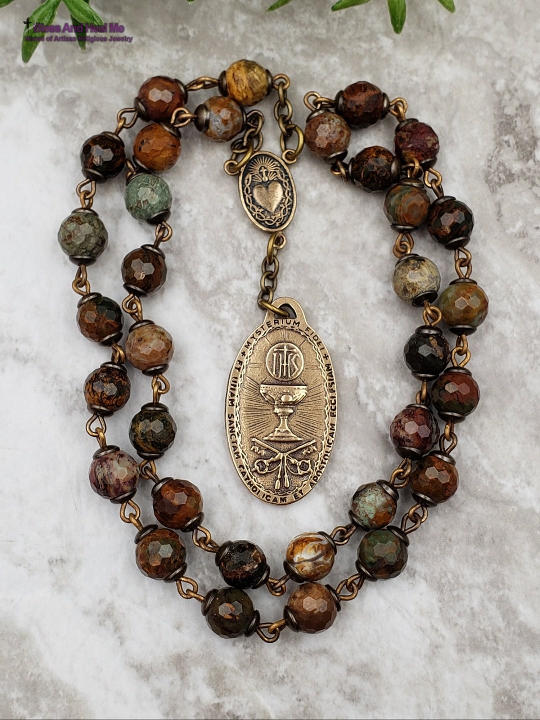 Blessed Sacraments Holy Trinity Sacred Heart Chrysocolla Bronze Chaplet ...