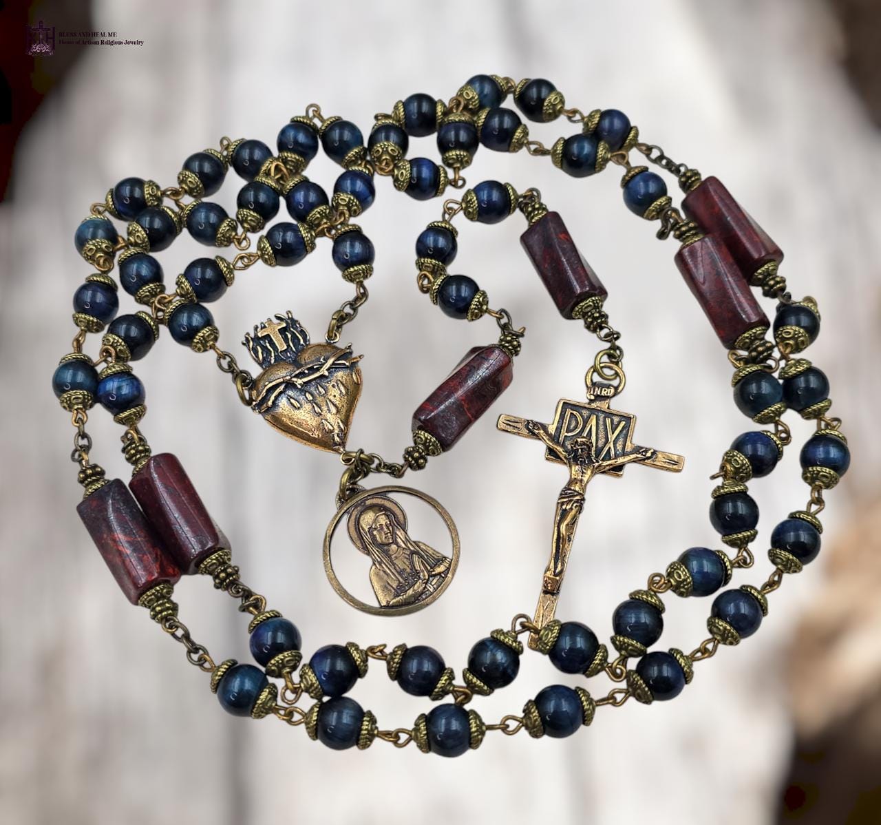 Sacred Bleeding Heart & Virgin Mary Heirloom Rosary - Bronze | Blue ...