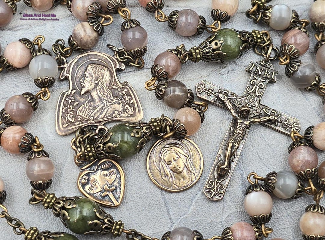 Jesus Mary Tween Hearts Rosary-peach Moonstone&vintage Bronze Prayer ...
