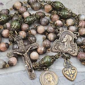 Jesus Mary Tween Hearts Rosary-peach Moonstone&vintage Bronze Prayer ...