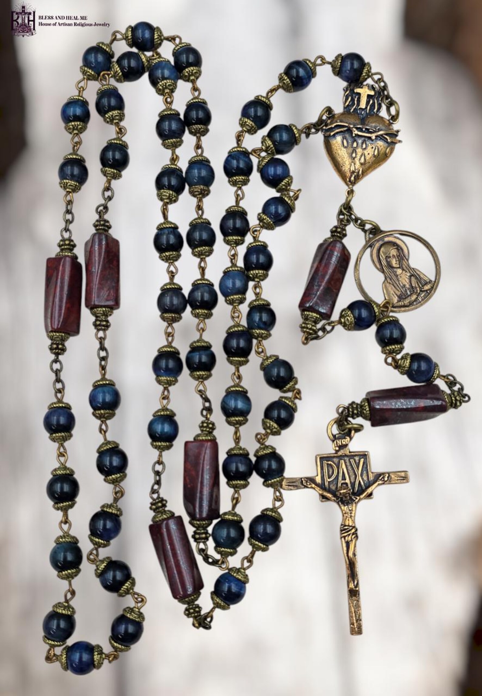 Sacred Bleeding Heart & Virgin Mary Heirloom Rosary - Bronze | Blue ...