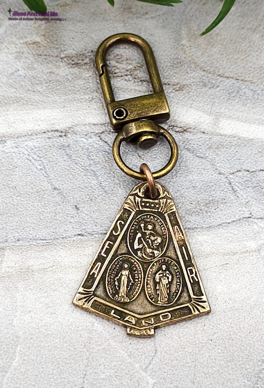 3 Way Medal St Christopher Jesus Mary Protection Vintage Bronze Key ...