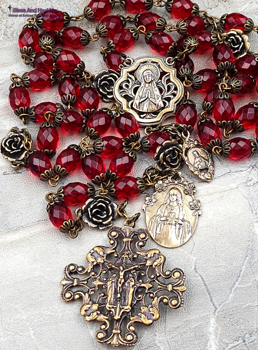 Lourdes Immaculate Sacred Hearts Red Baltic Amber Vintage Bronze Rosary ...