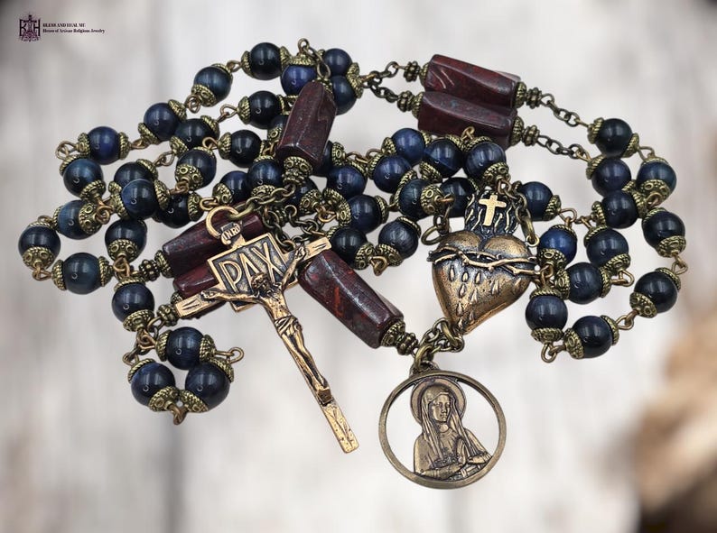 Sacred Bleeding Heart & Virgin Mary Heirloom Rosary - Bronze | Blue ...