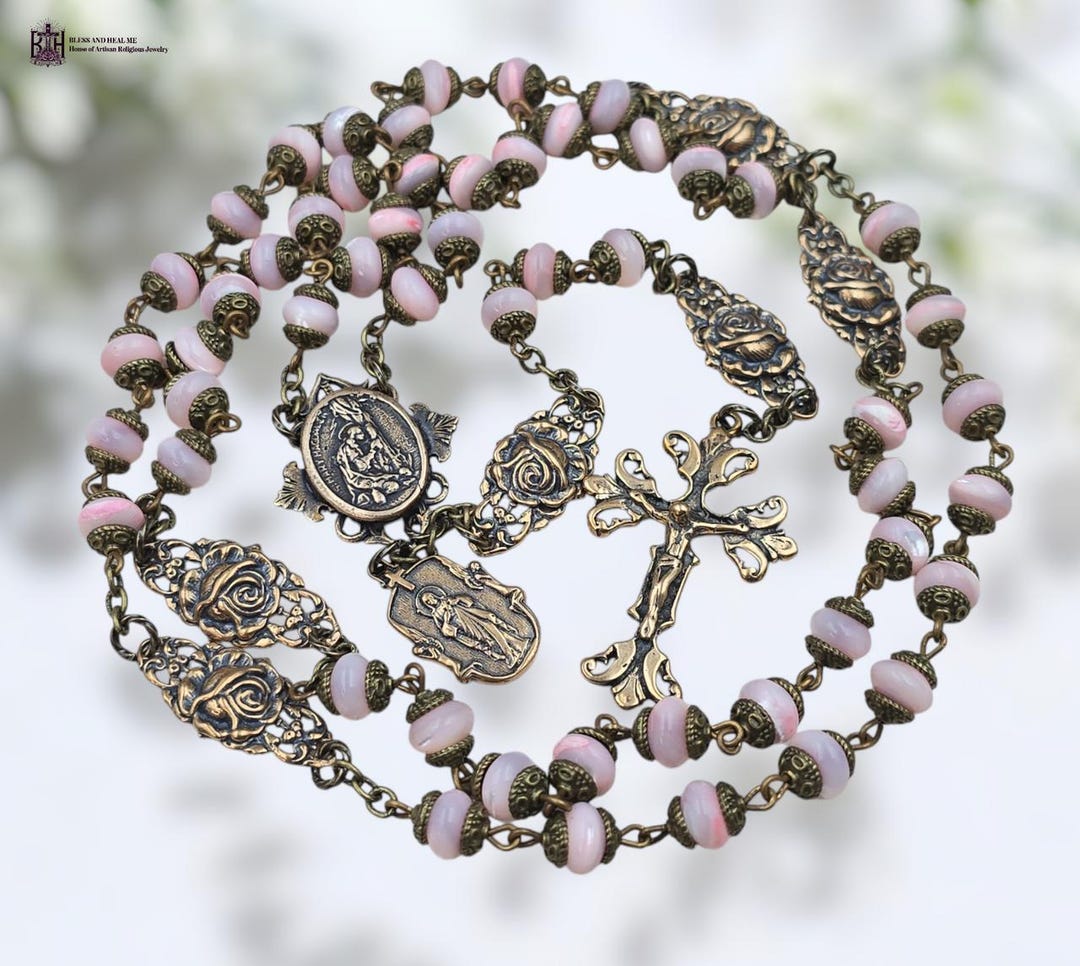 Mary Magdalene & Sacred Heart of Jesus Heirloom Rosary -bronze| Pink ...