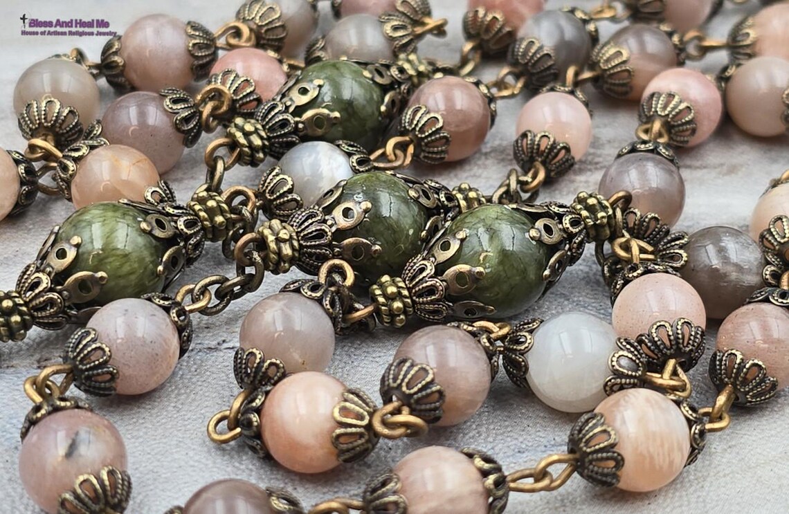 Jesus Mary Tween Hearts Rosary-peach Moonstone&vintage Bronze Prayer ...