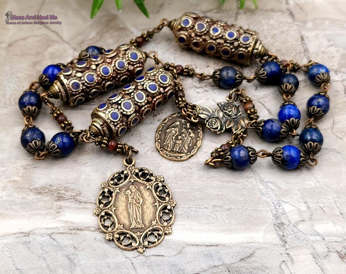St Anne Holy Family Lapis Lazuli Antique Style Vintage Bronze Chaplet ...