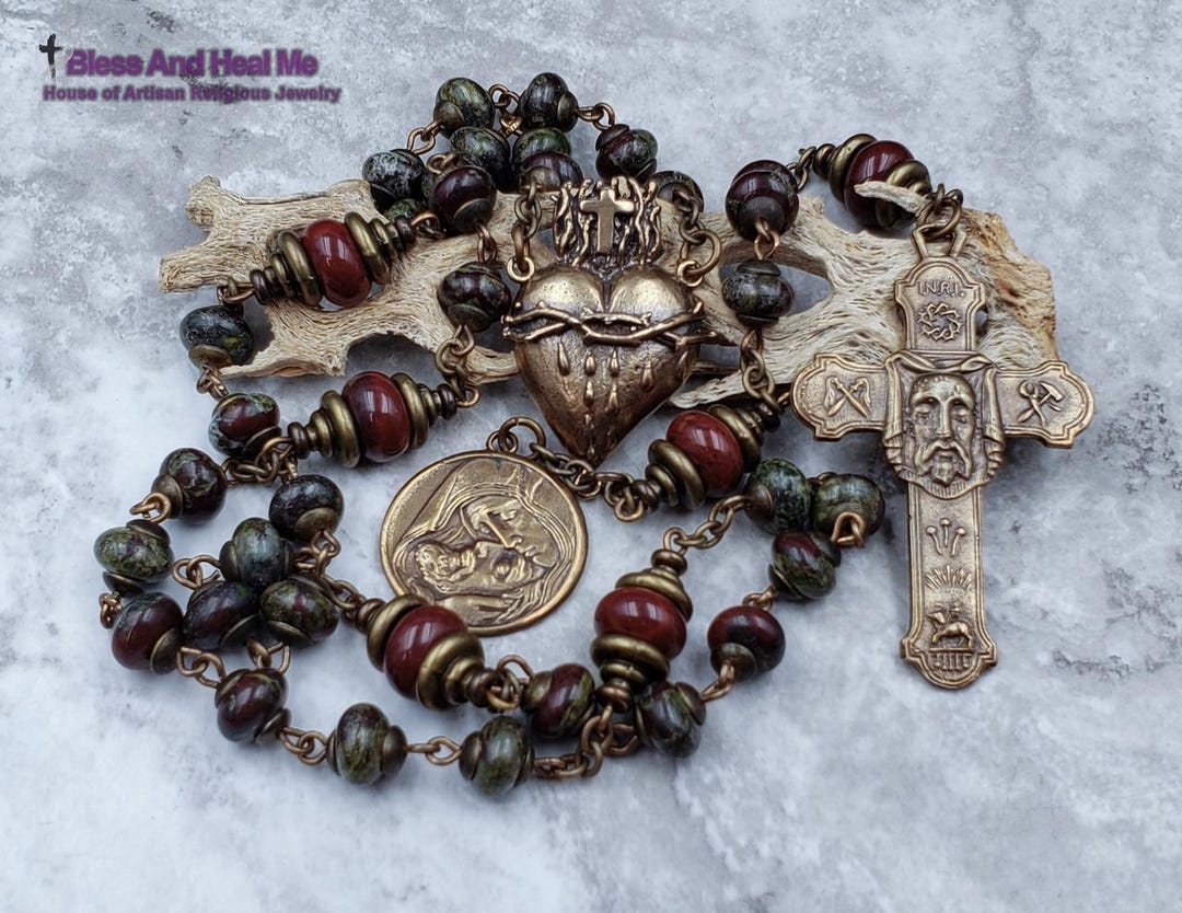 Holy Face of Jesus Sacred Bleeding Heart Pieta Bronze Bloodstone Jasper ...