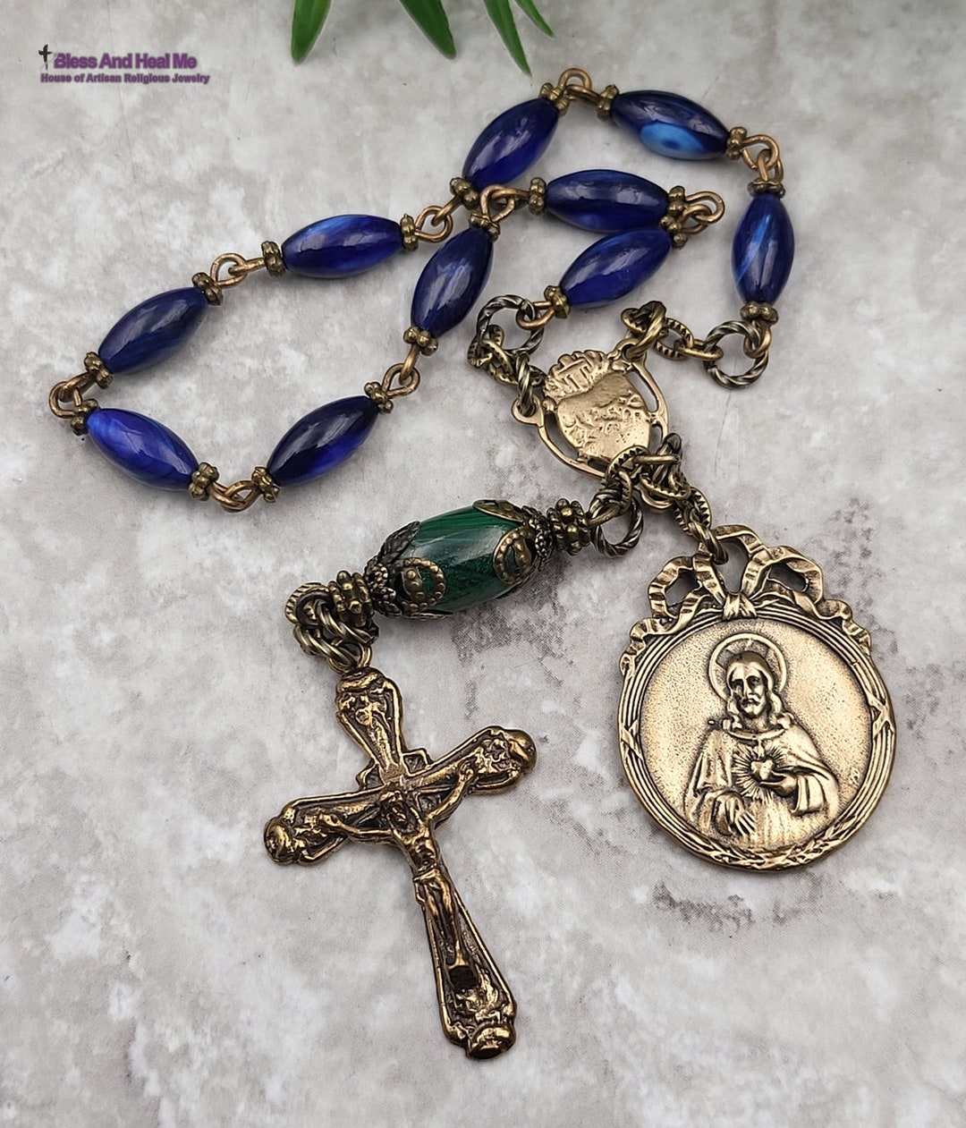 Sacred Heart of Jesus Lady of Carmel Blue Pearl Shell Malachite Bronze ...